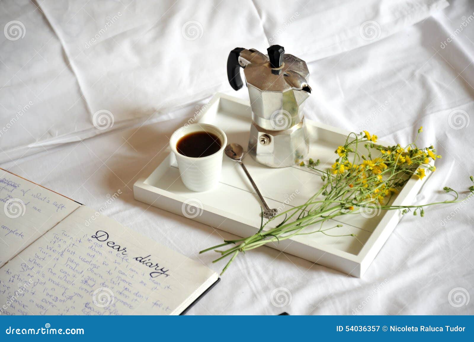 Breakfast in Bed with Coffee and Diary on White Sheets Stock Image ...