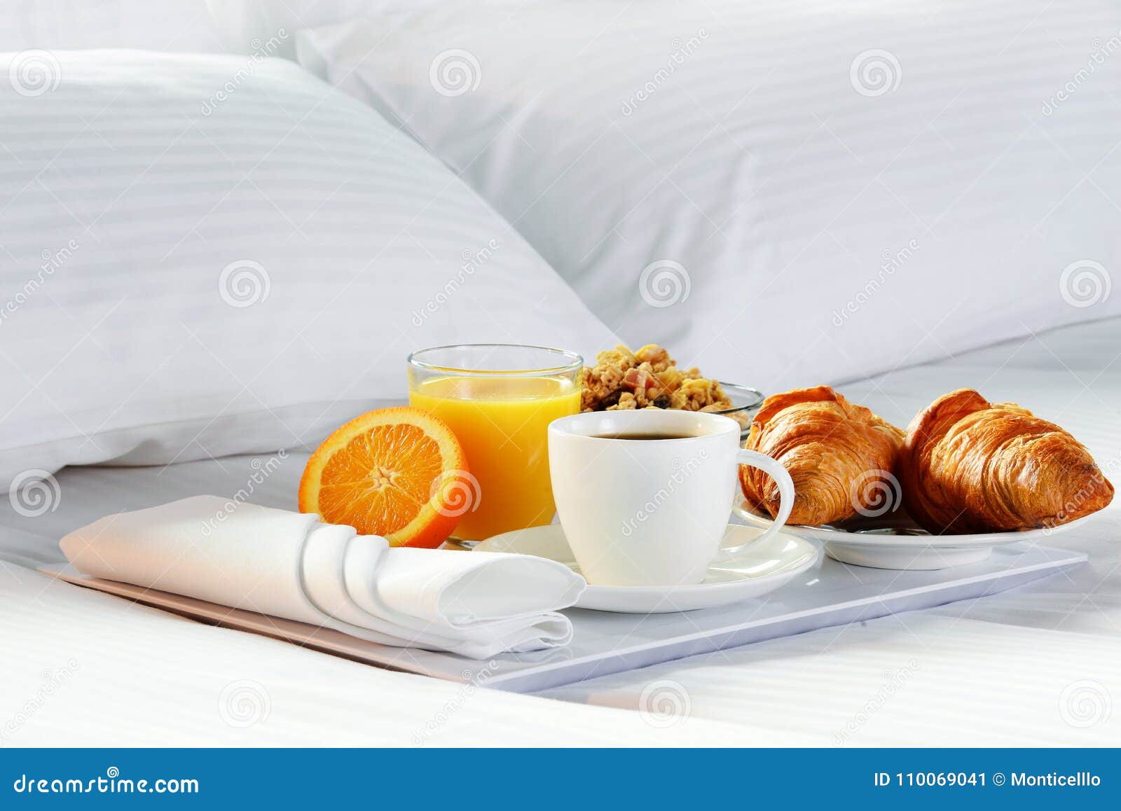 Breakfast in Bed in Hotel Room. Stock Image - Image of blanket ...