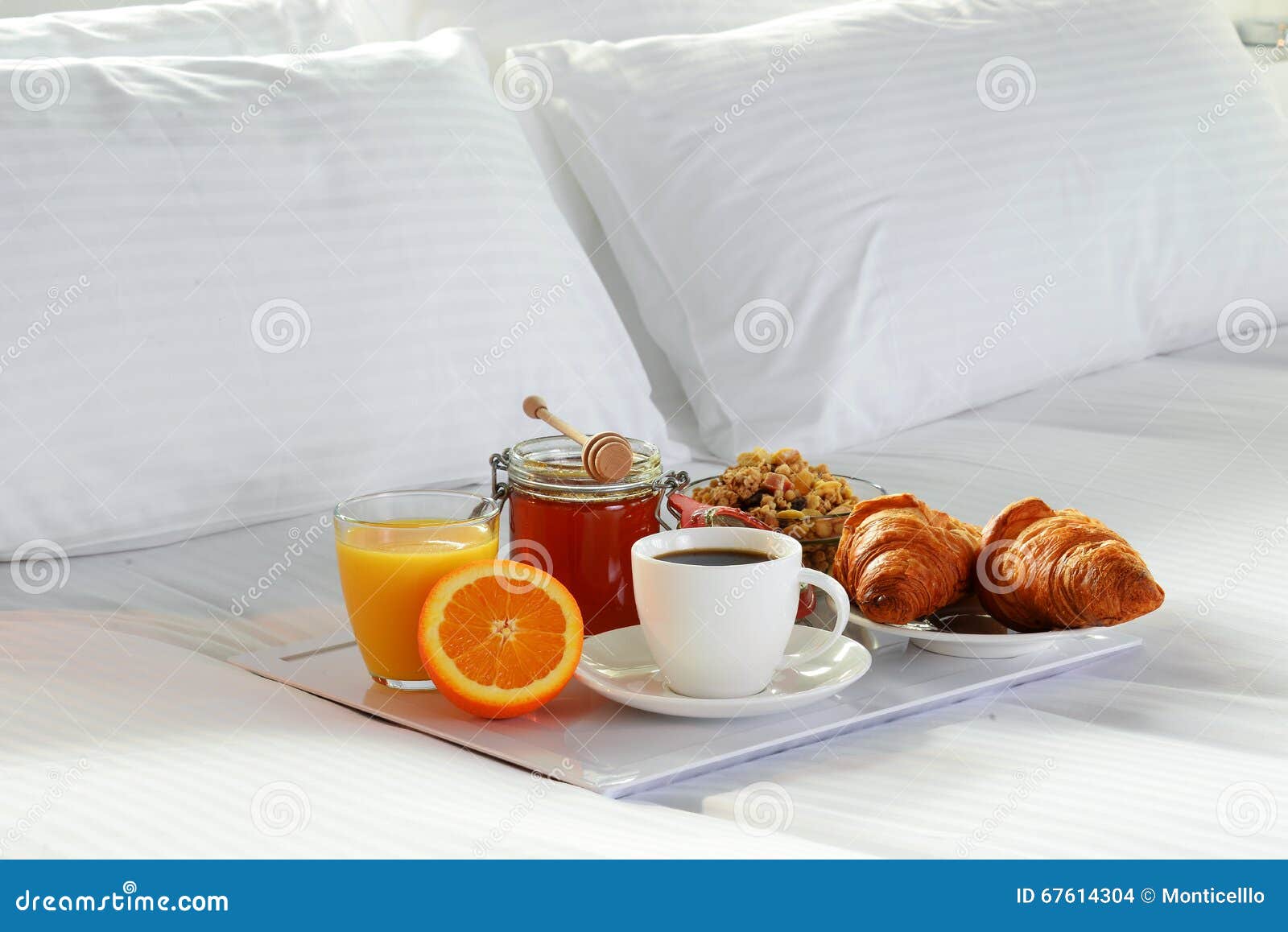 Breakfast in Bed in Hotel Room. Stock Photo - Image of breakfast ...