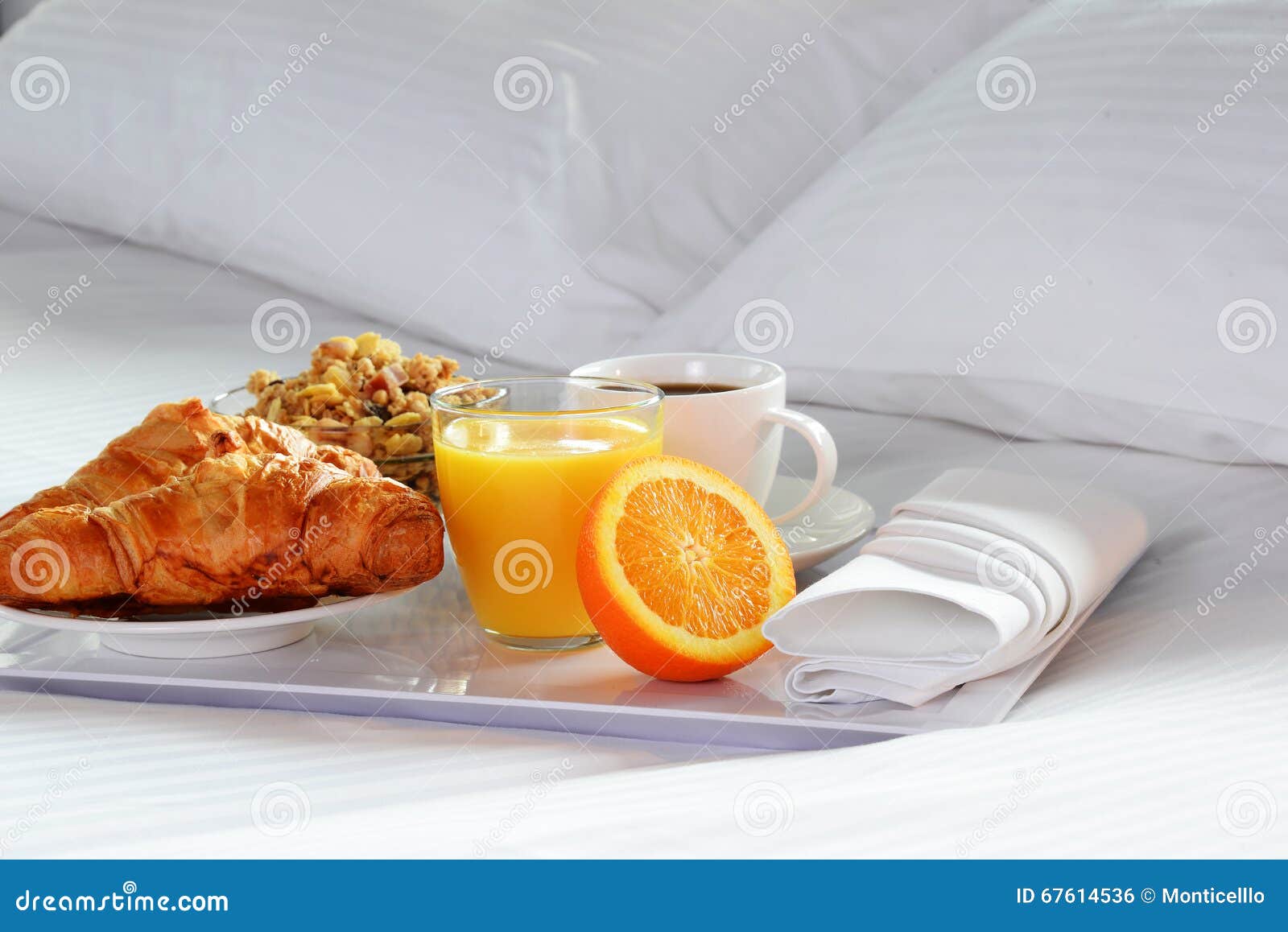 Breakfast in Bed in Hotel Room. Stock Photo - Image of eating, meal ...