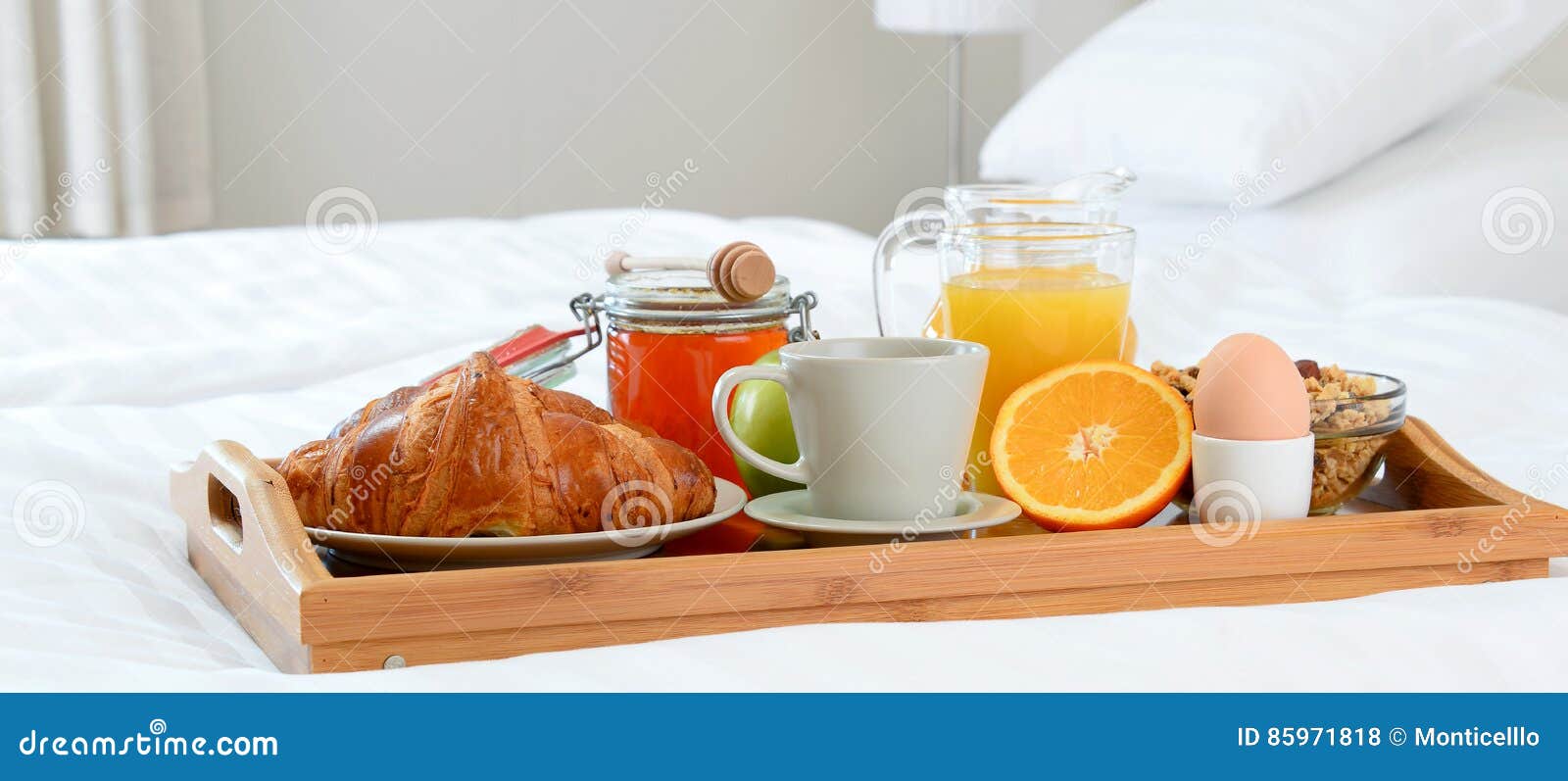 Breakfast in Bed in Hotel Room. Stock Photo - Image of meal, croissant ...