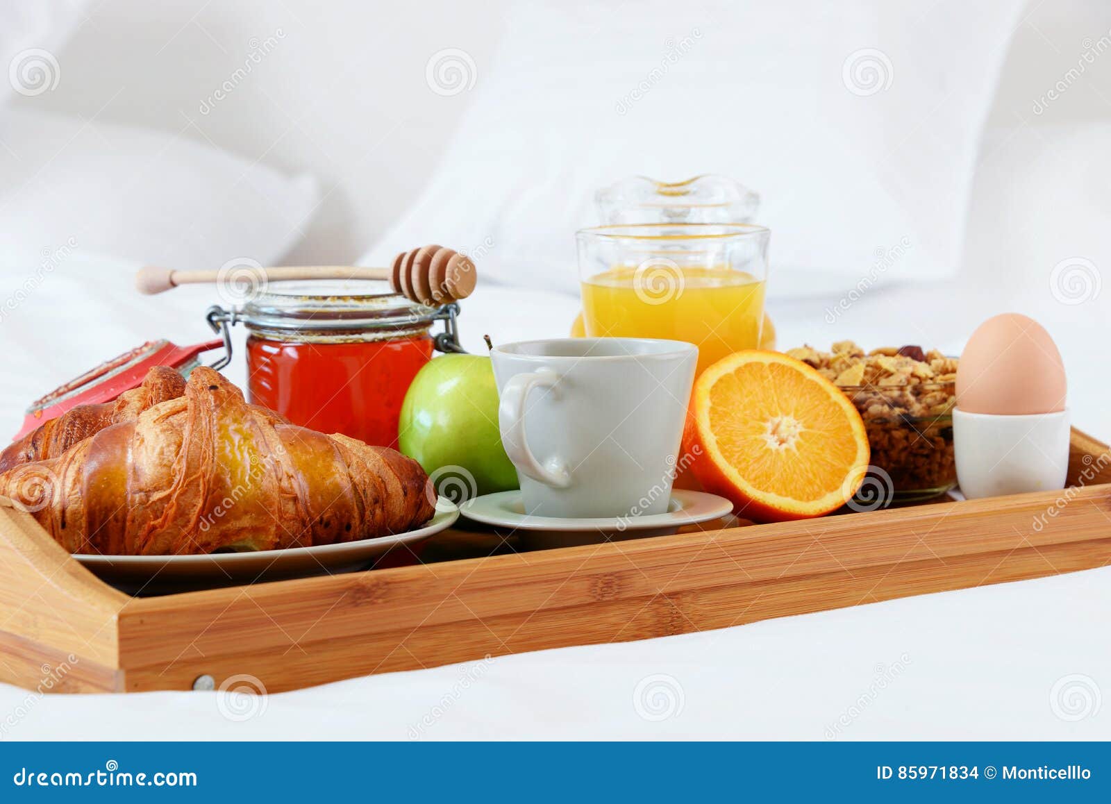 Breakfast in Bed in Hotel Room. Stock Photo - Image of honey, design ...