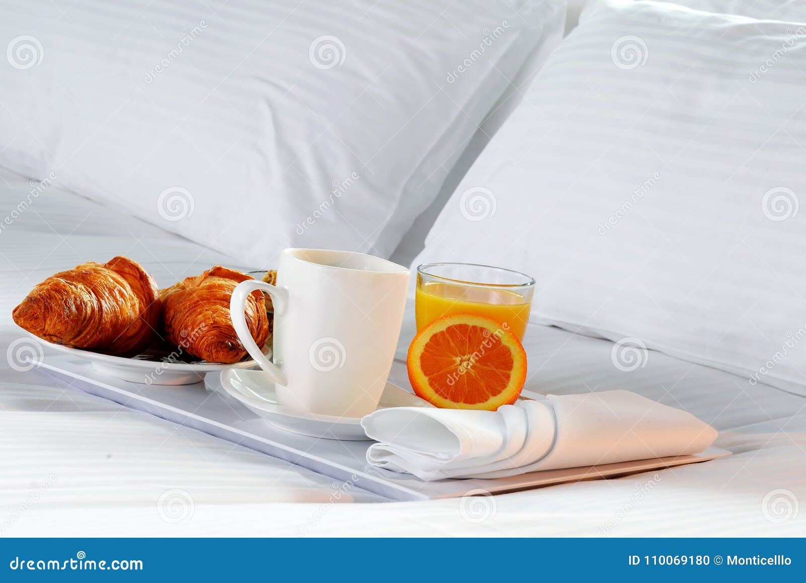 Breakfast in Bed in Hotel Room. Stock Photo - Image of eating, bedroom ...
