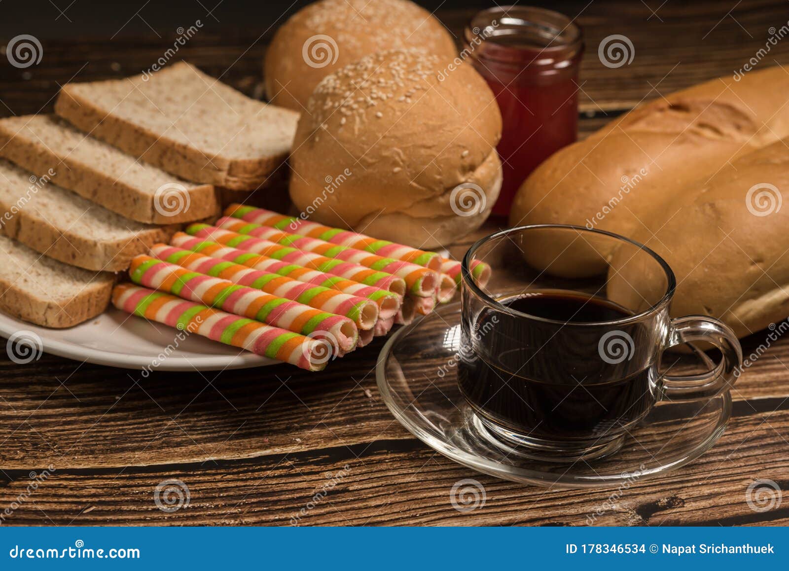 Breakfast Black Coffee with Bread and Coffee Stock Photo - Image of ...