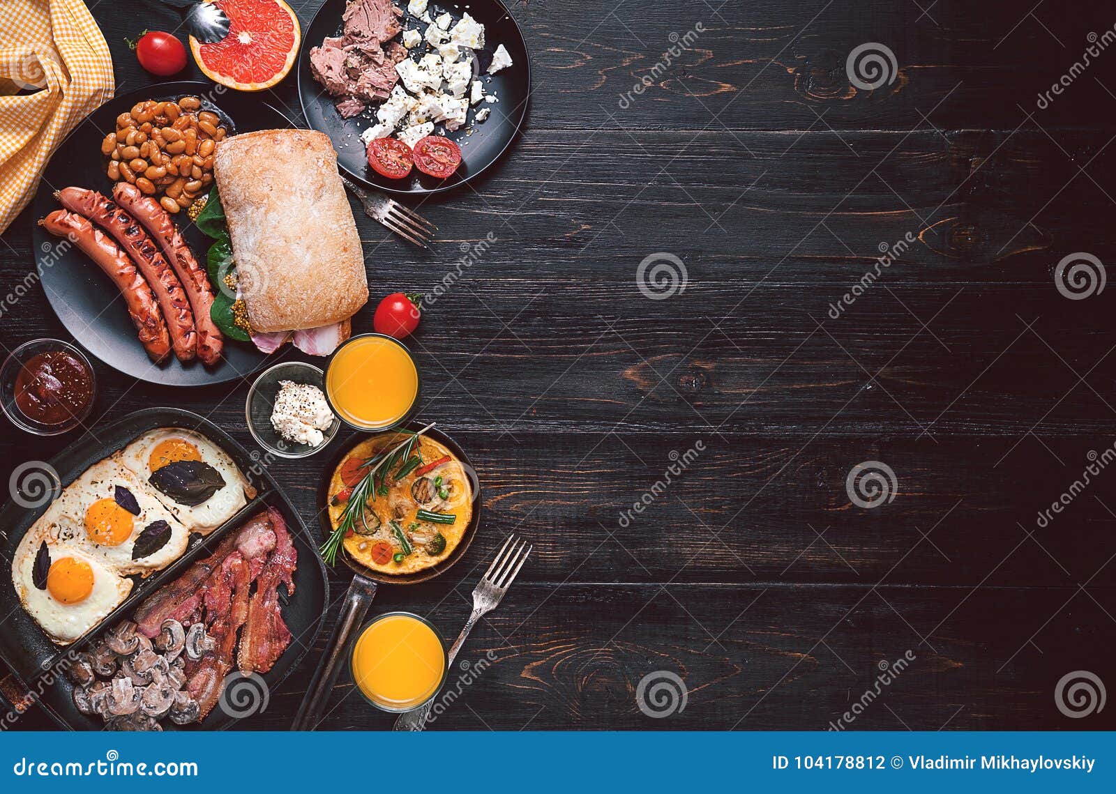 Breakfast on a Black Wooden Table in Rustic Style Stock Photo - Image ...