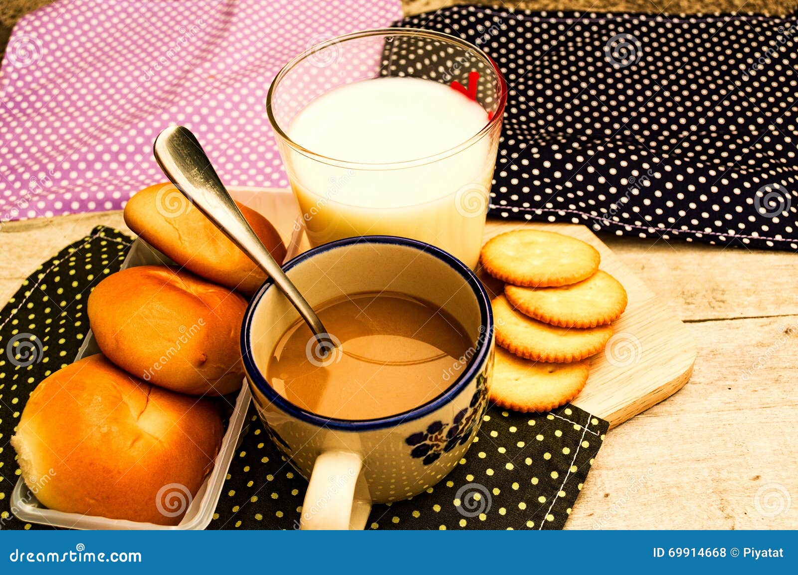 Breakfast with Bread Coffee and Milk on Table Background. Stock Photo ...