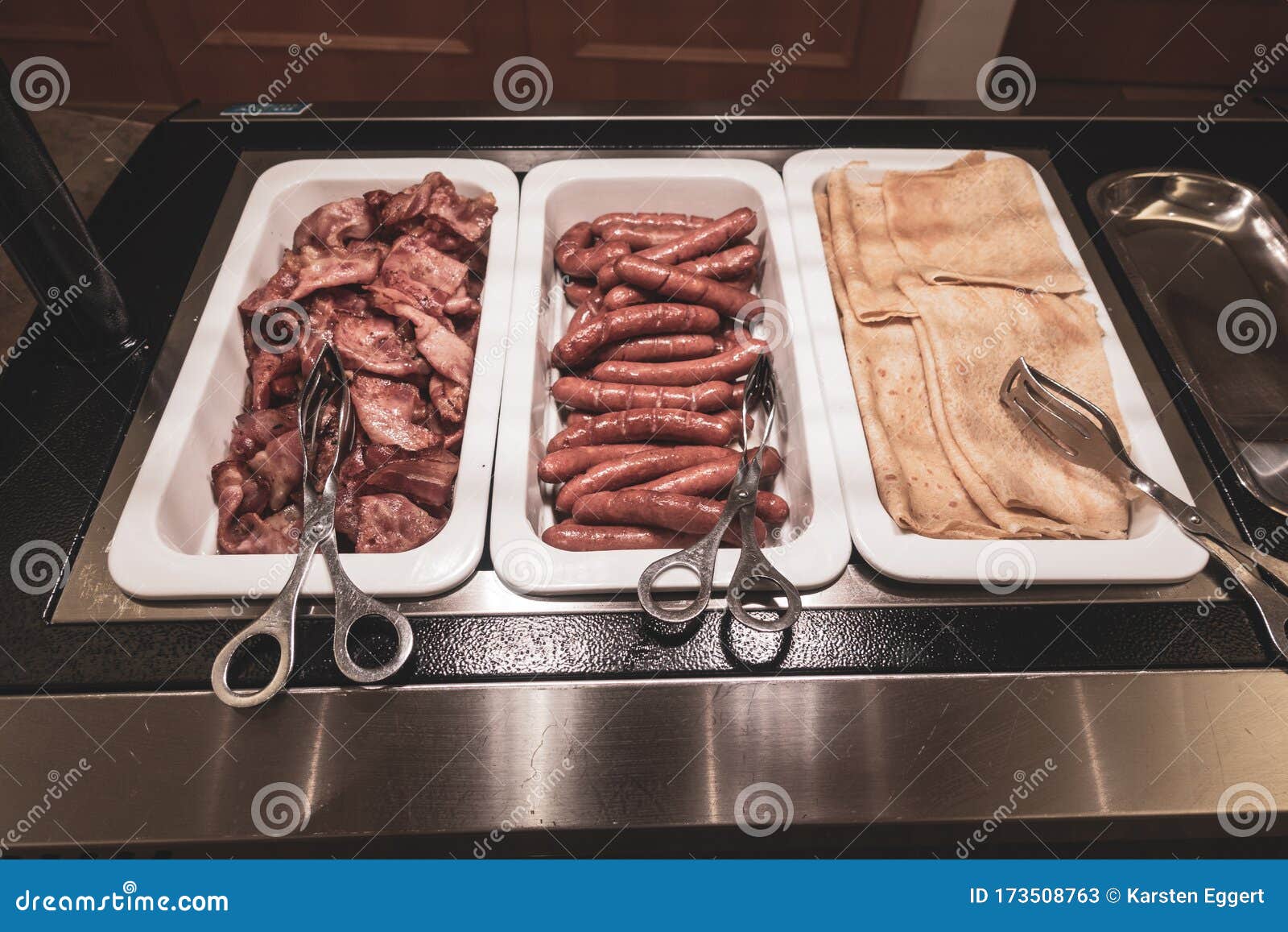 Breakfast Buffet with Bacon, Sausages, Pancakes Stock Image - Image of ...