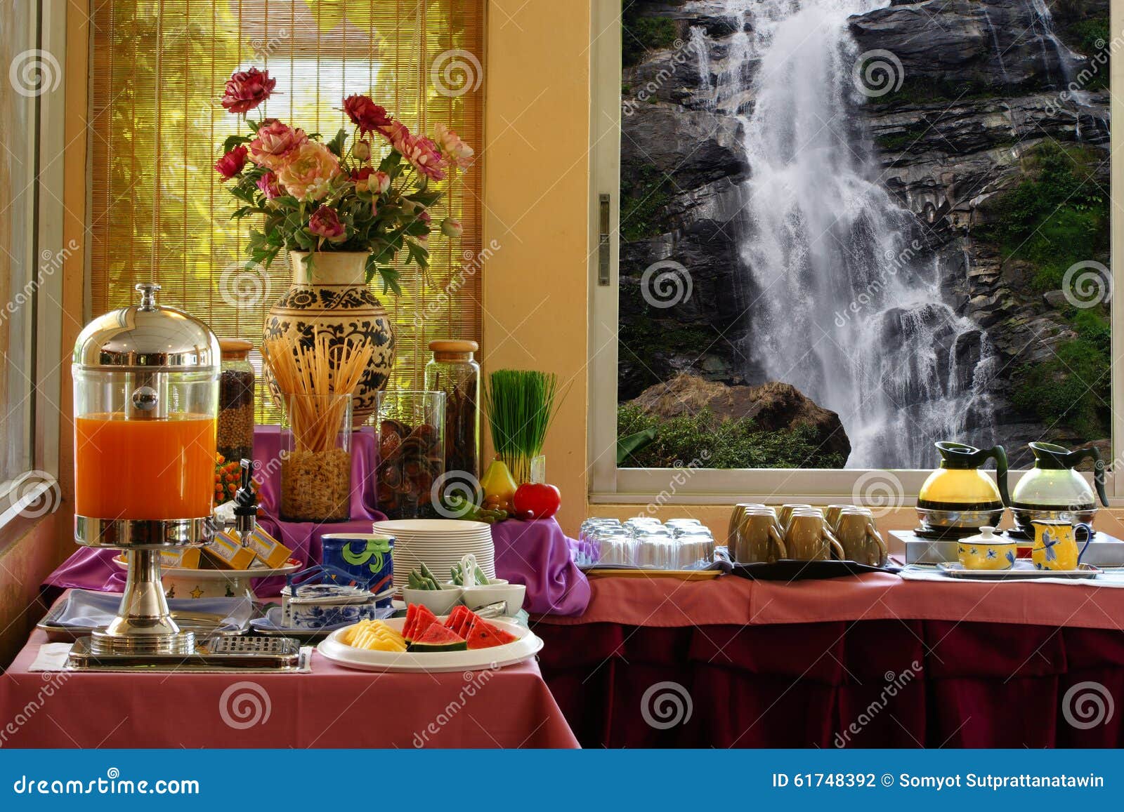Breakfast buffet corner stock photo. Image of waterfall - 61748392