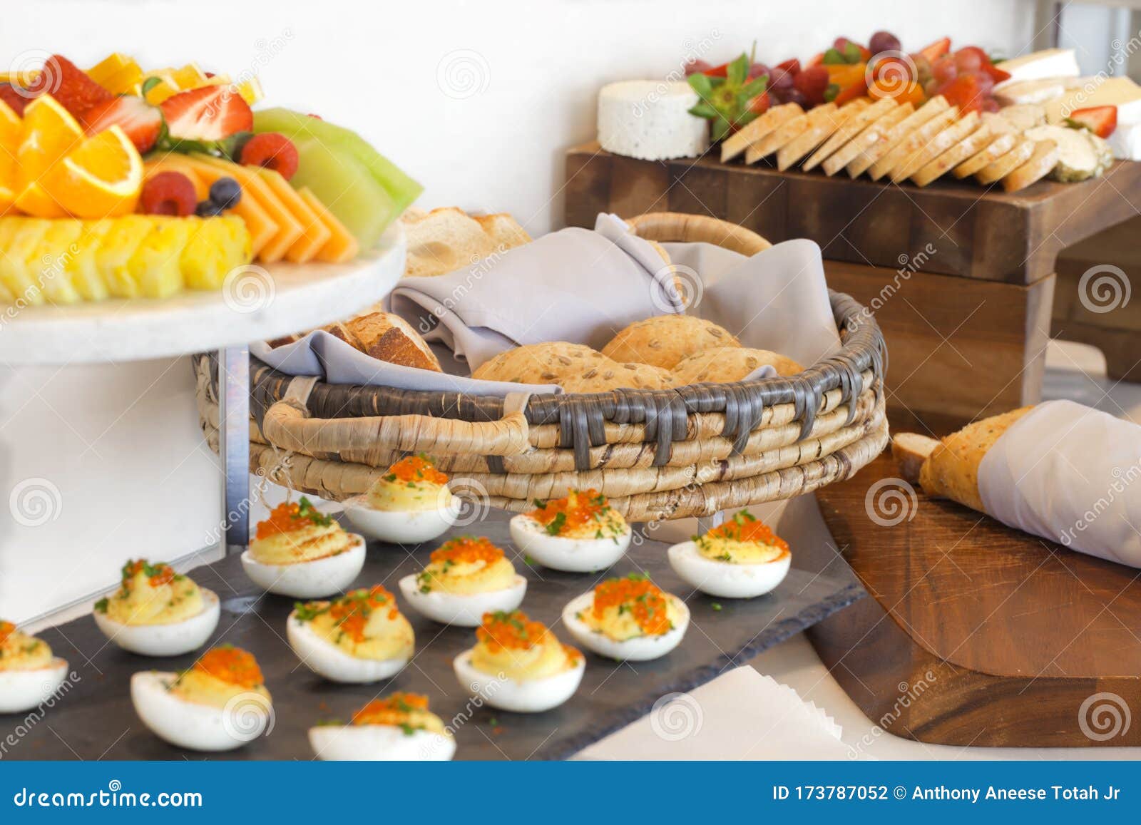Breakfast Buffet with Fruit, Bread and Eggs Stock Photo - Image of ...