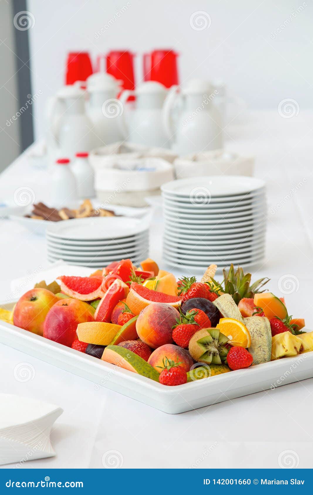 Breakfast Buffet - Fruits, Coffee and Tea Stock Photo - Image of ...
