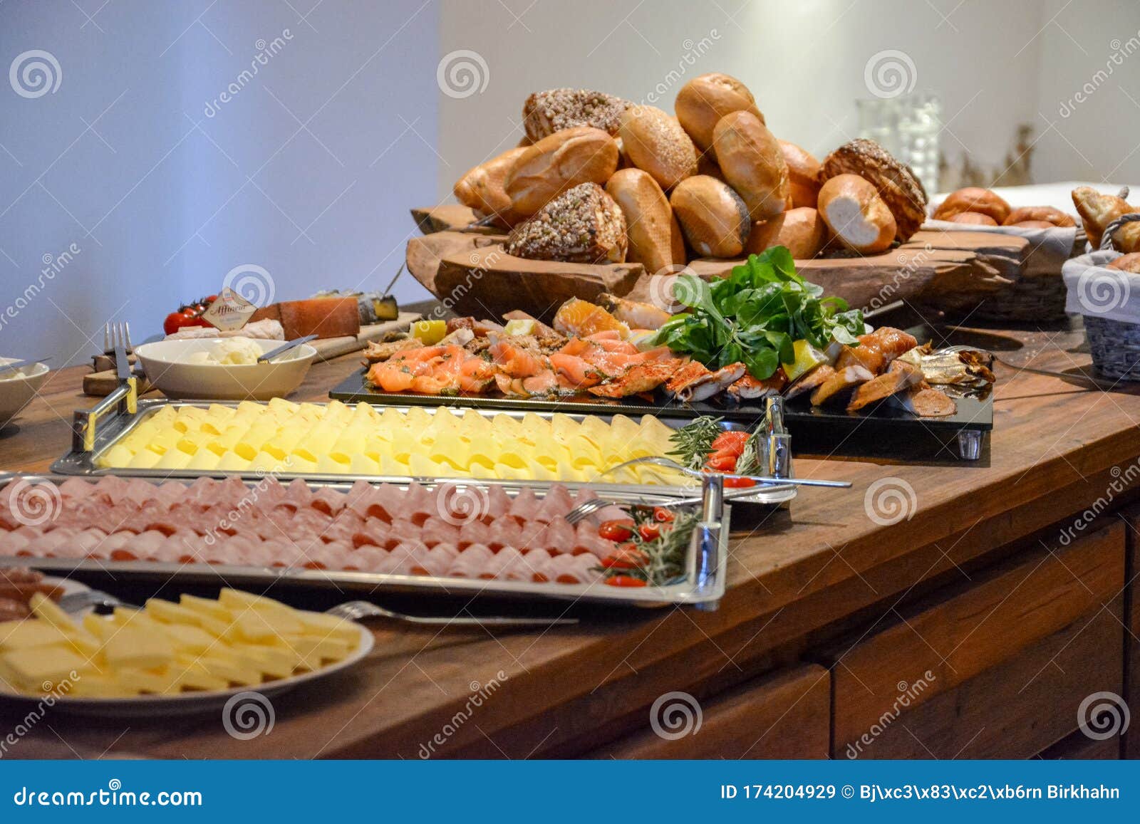 Breakfast Buffet with Rolls, Cheese and Several Vegetables Stock Image ...