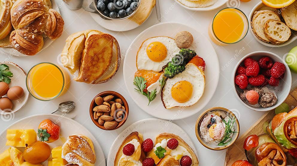A Breakfast Buffet Table with Scrambled Eggs, Bacon, Potatoes, Pastries ...