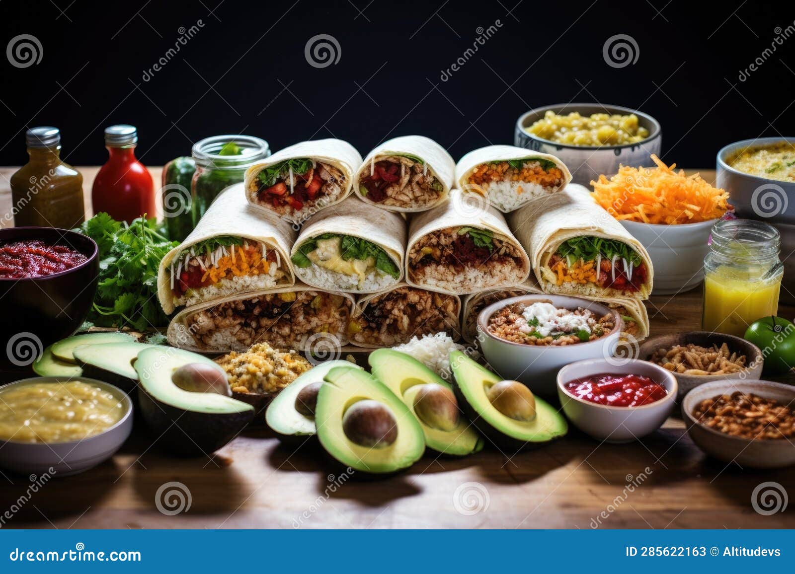 Breakfast Burrito Assembly Line with Ingredients in a Row Stock Image ...