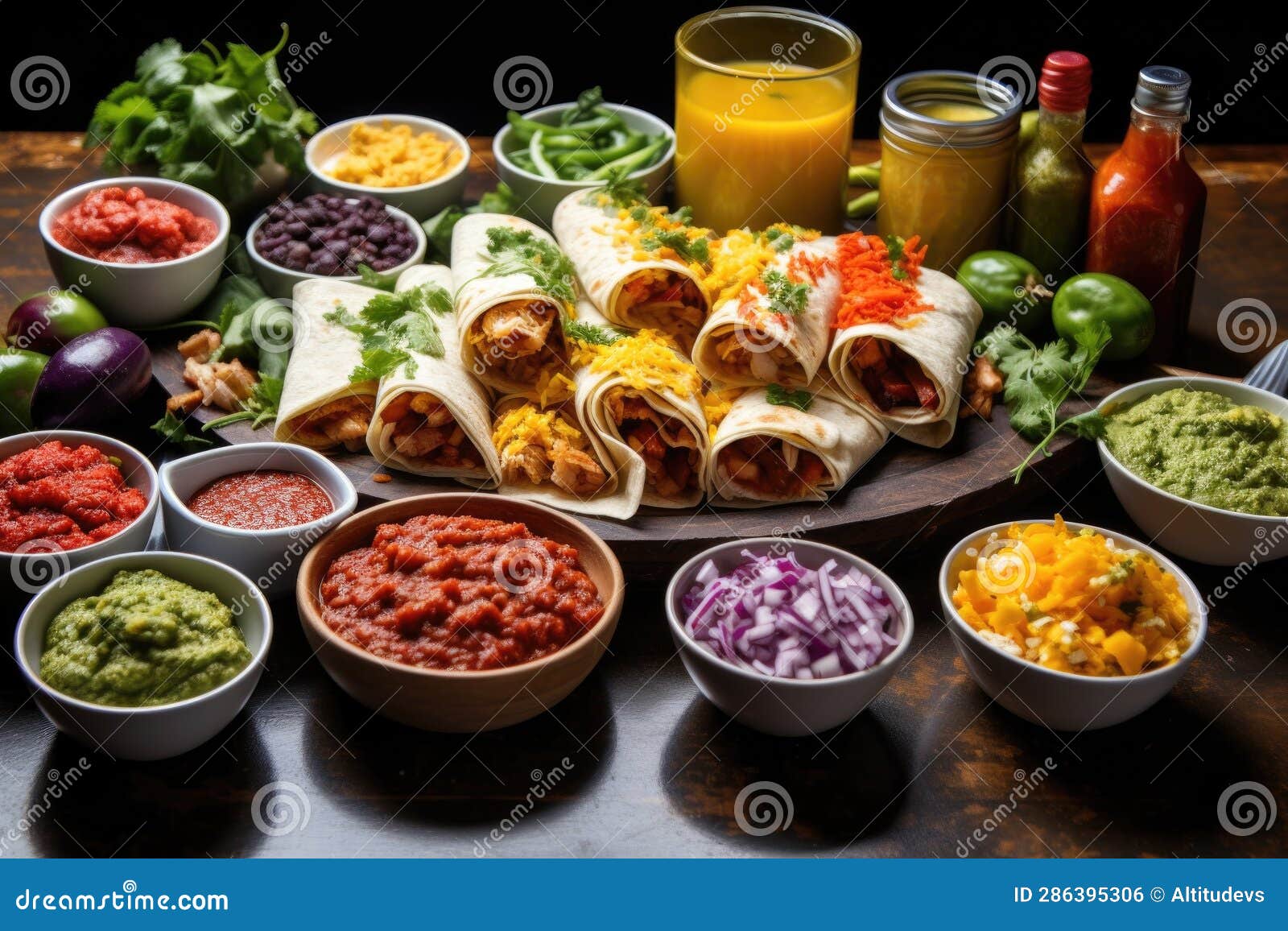 Breakfast Burrito Station with Various Toppings and Sauces Stock Photo ...