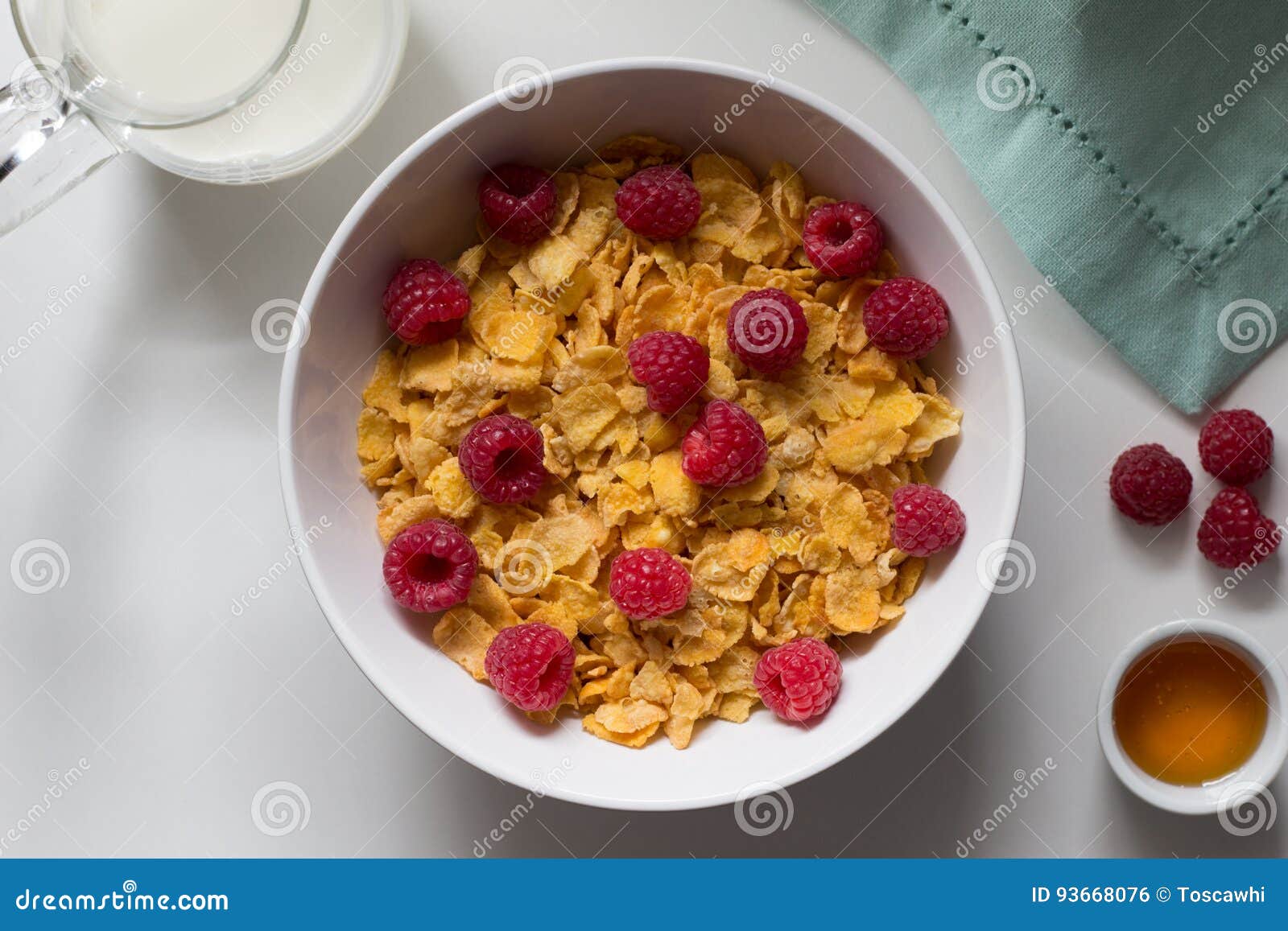 Breakfast Cereal of Cornflakes and Raspberries, Honey and Milk O Stock ...