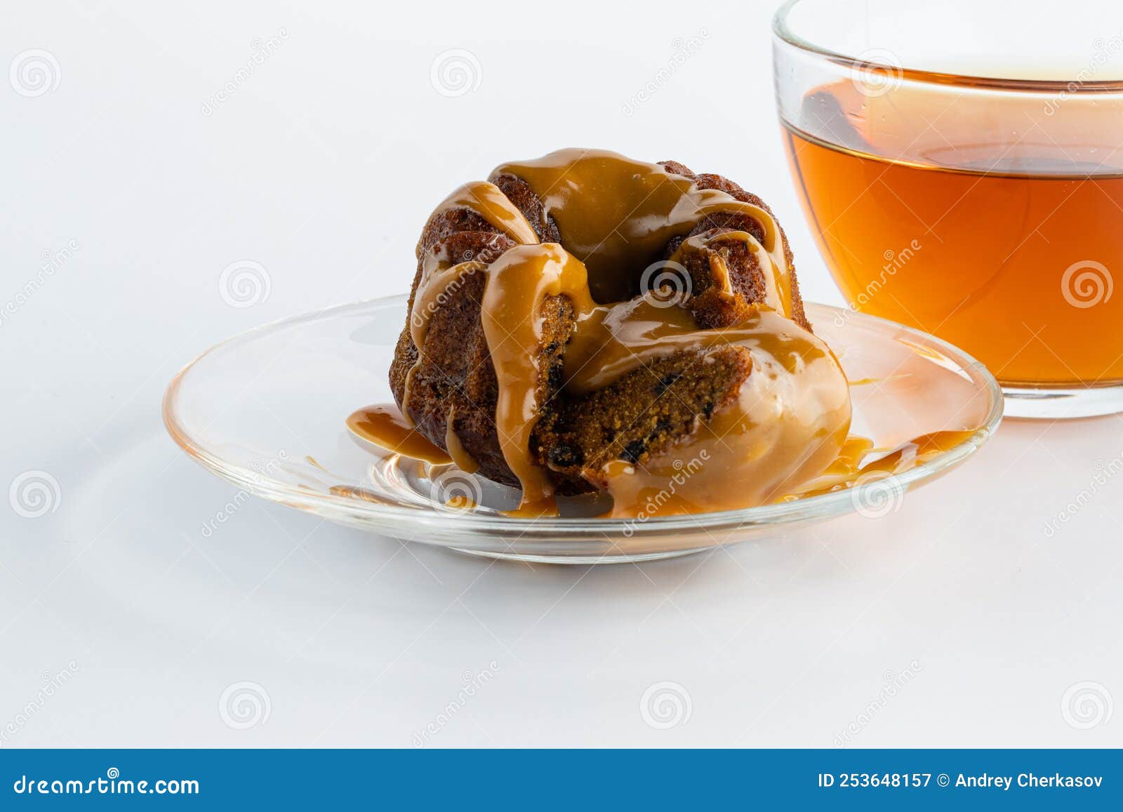 Breakfast with Chocolate Brownie, Caramel and Tea Cup Stock Image ...