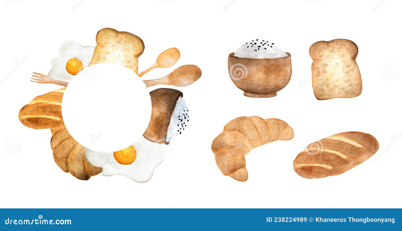 Breakfast Circle Frame Illustration. Bread, Fried Egg and Rice in Bowl ...