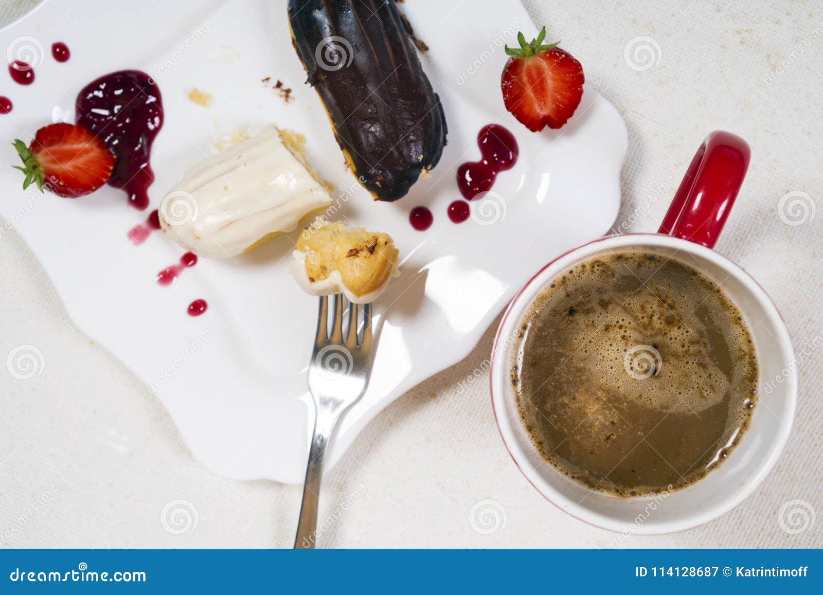 Breakfast with Coffe and Eclair Cake Stock Image - Image of chocolate ...
