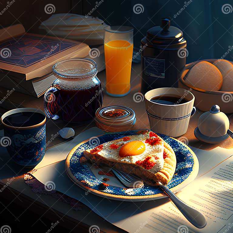 Breakfast with Coffee, Croissants and Jam. 3d Rendering Stock ...