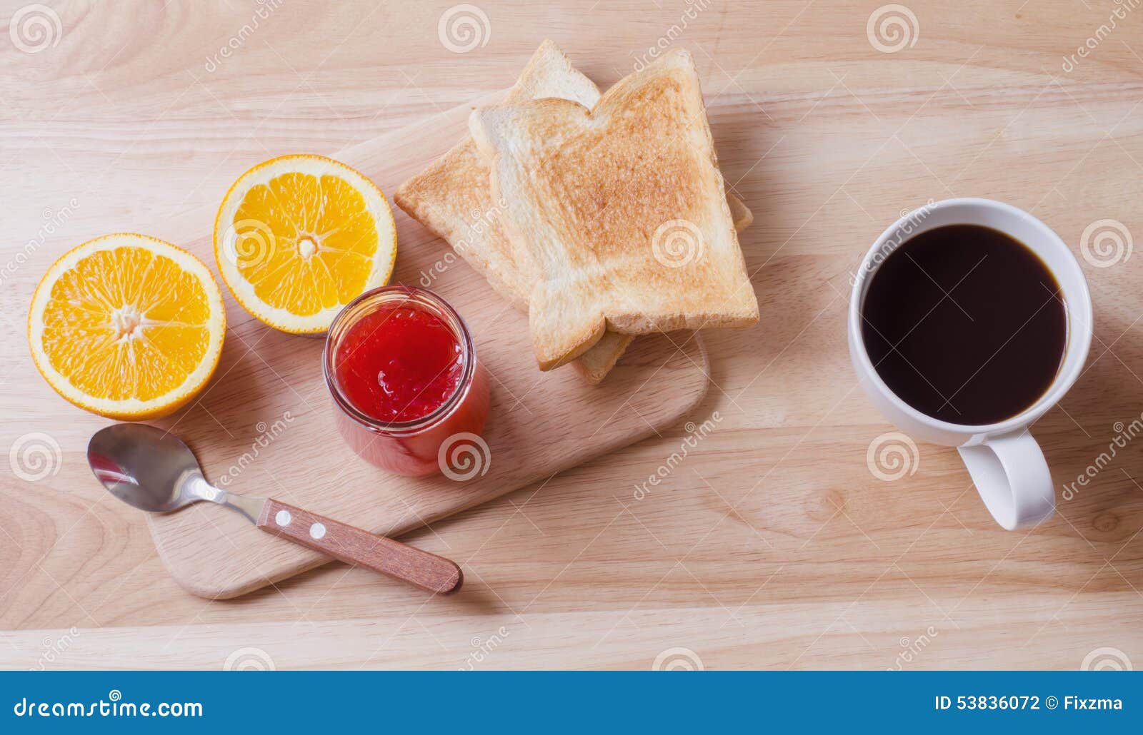Breakfast with Coffee, Toasts, Oranges and Strawberry Jam on Wooden ...