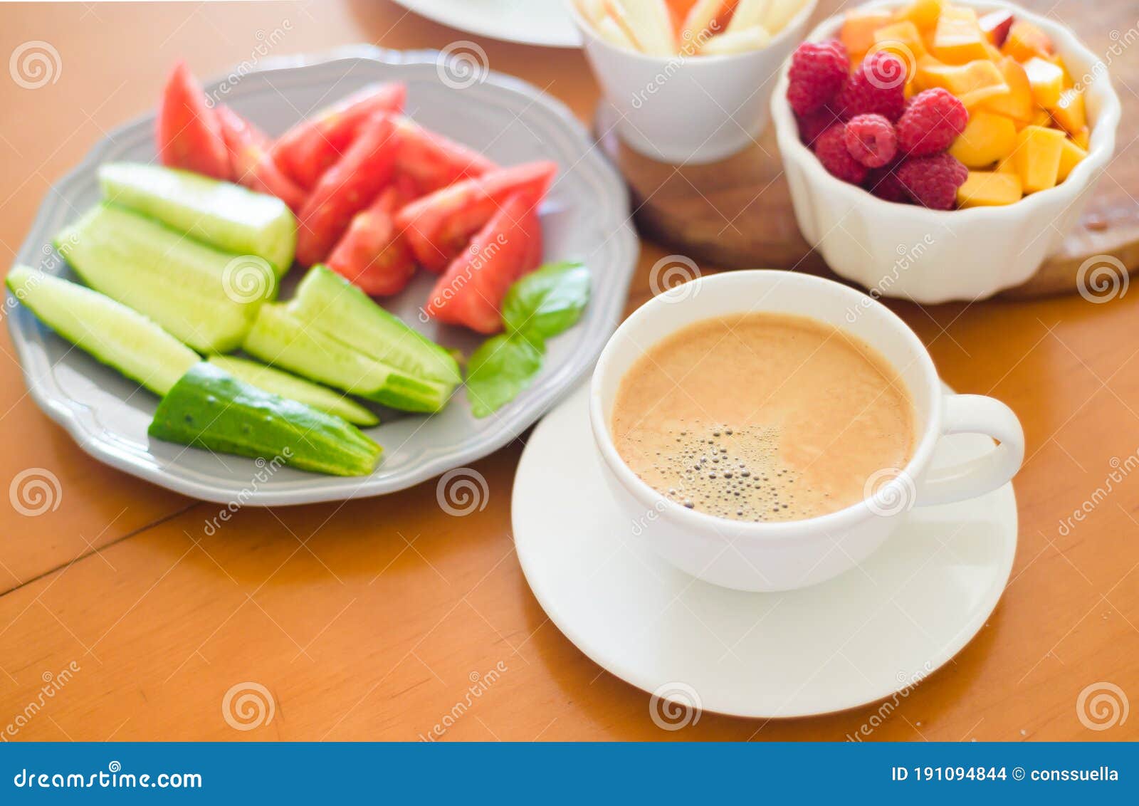 Breakfast with Coffee, Egg, Vegetables and Fruits Stock Photo - Image ...