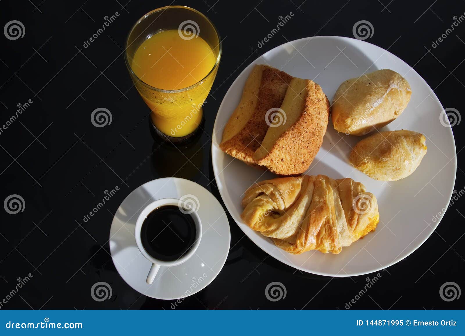 Breakfast. Coffee White Cup, Plate with Bread on Dark Table Stock Image ...