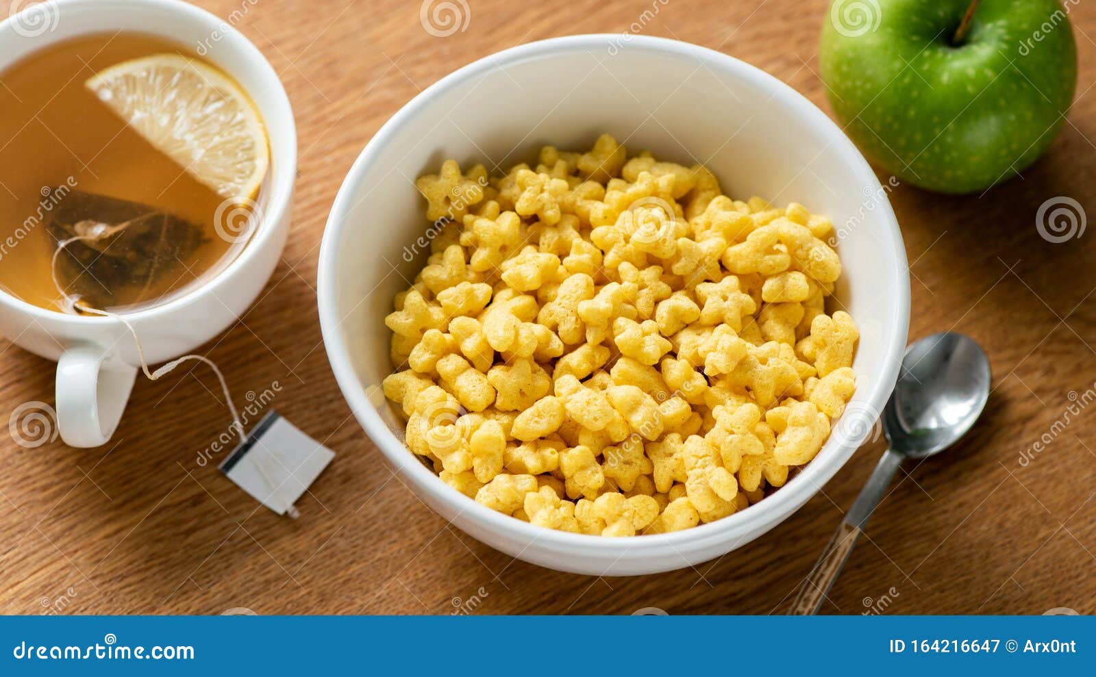 Breakfast Corn Cereals and Cup of Tea Stock Image - Image of closeup ...