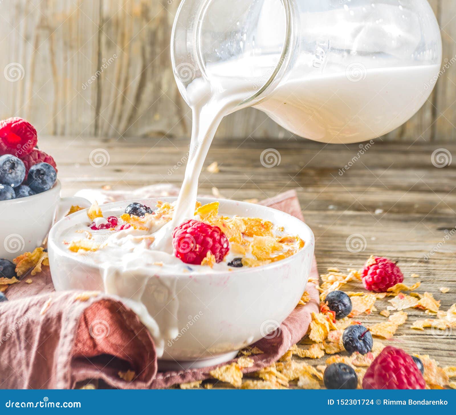 Breakfast Corn Flakes with Milk and Berries Stock Photo - Image of ...