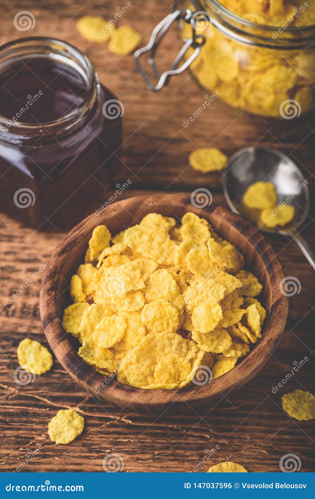 Breakfast with Corn Flakes, Milk and Jam Stock Photo - Image of fruit ...
