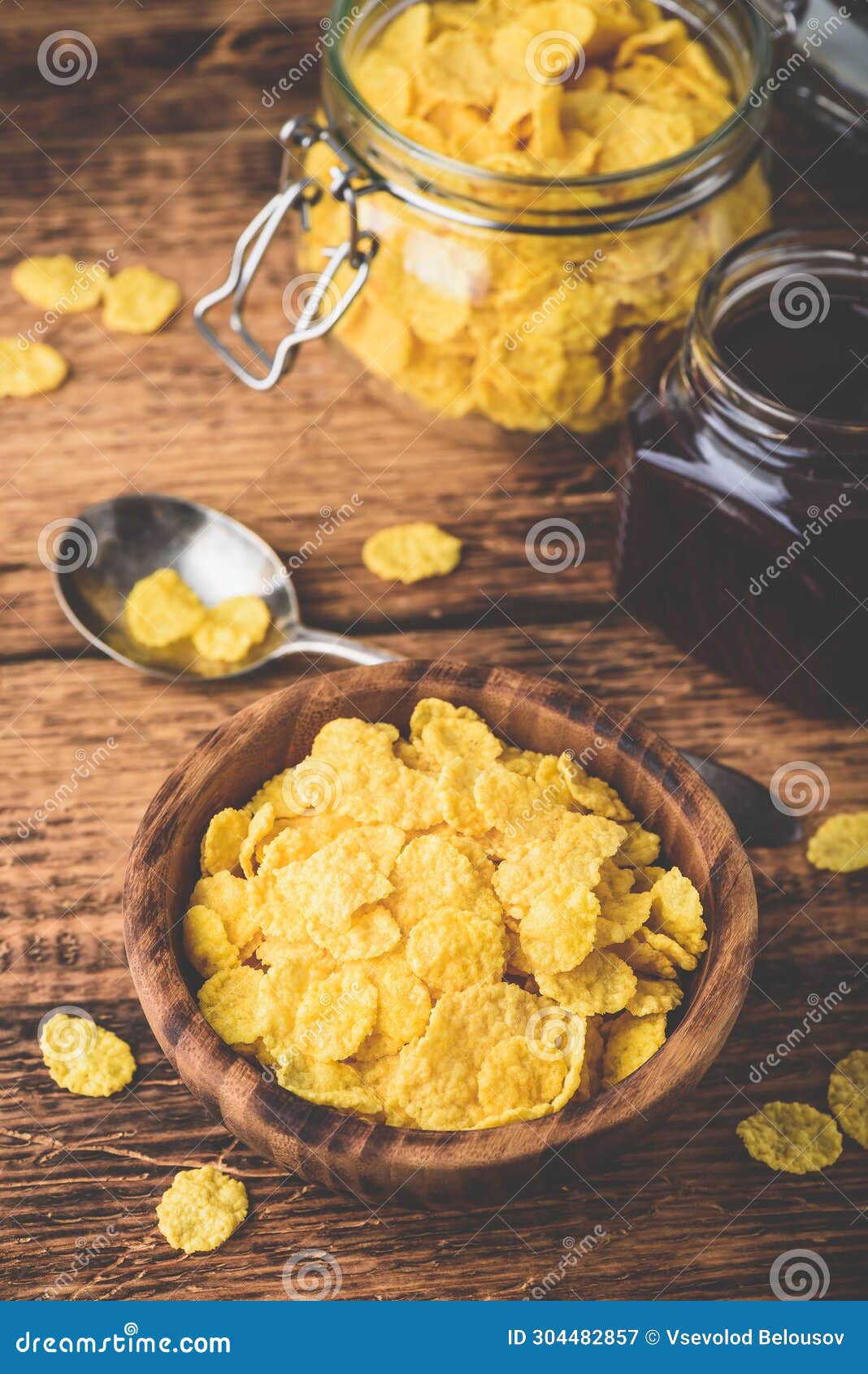 Breakfast with Corn Flakes, Milk and Jam Stock Image - Image of flakes ...