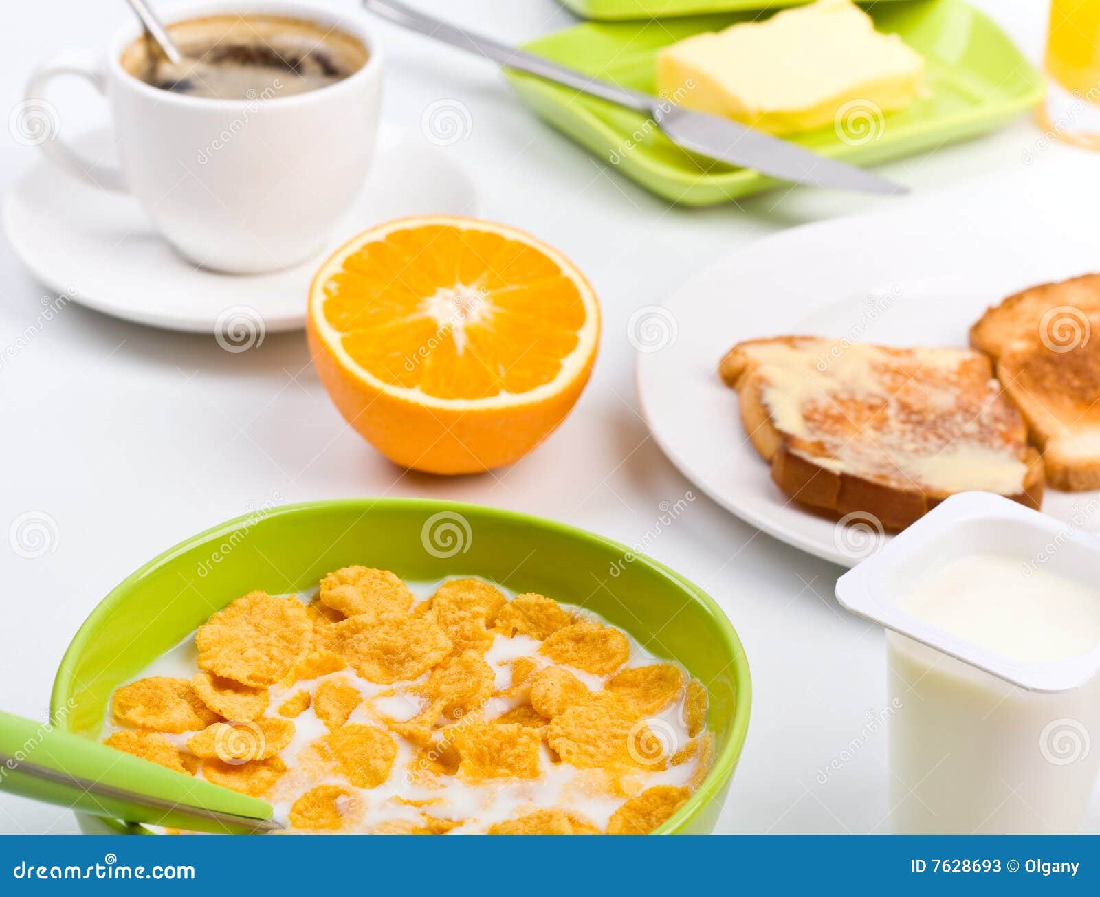 Breakfast with Cornflakes,toast, Orange and Coffee Stock Image - Image ...