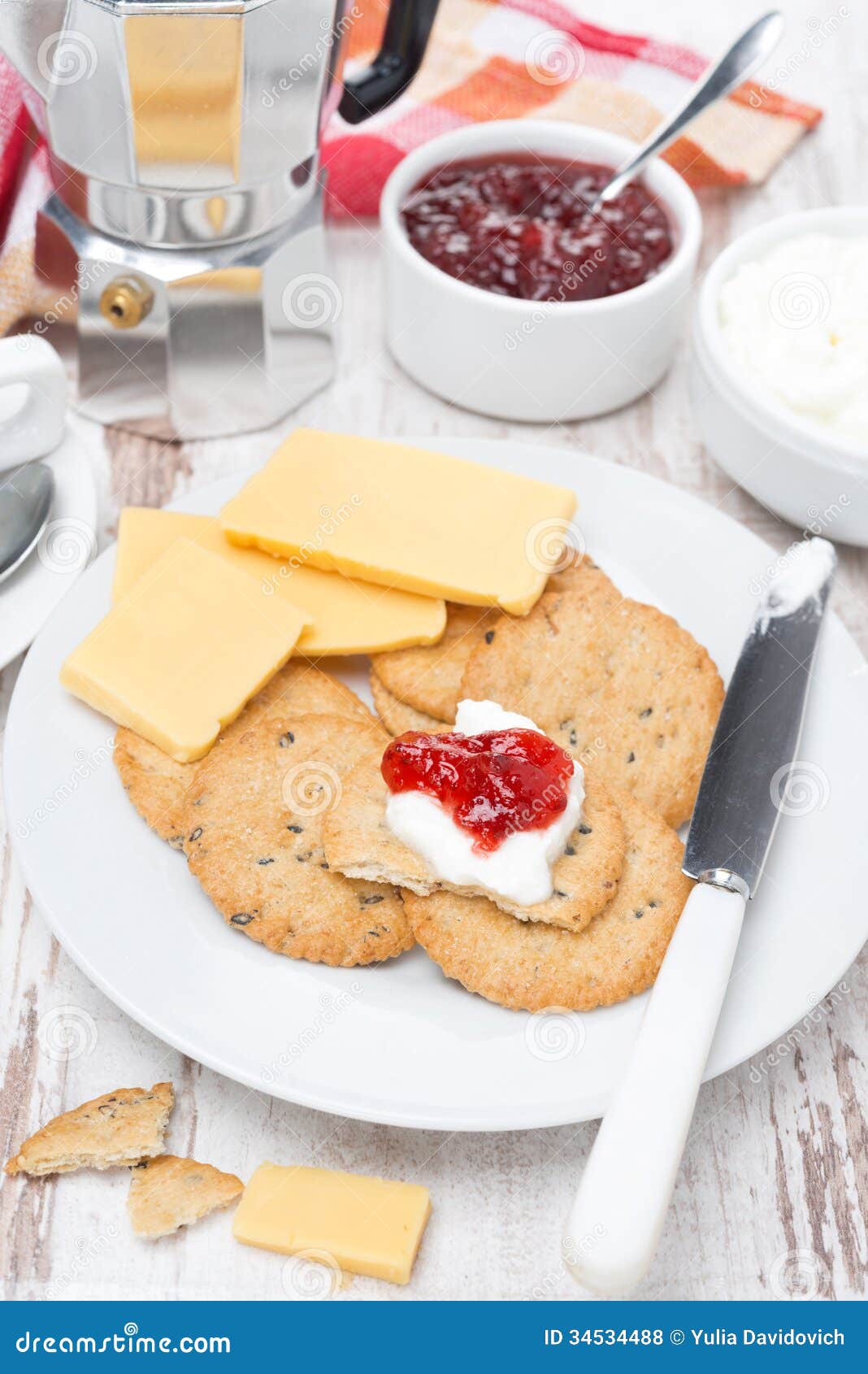 Breakfast with Crackers, Cheese, Cream and Berry Jam Stock Photo ...