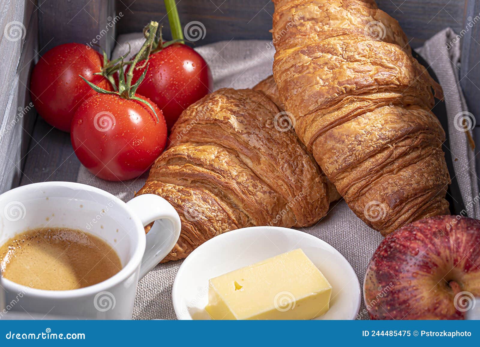 Breakfast with Croissant, Espresso Coffee in a Box Stock Image - Image ...