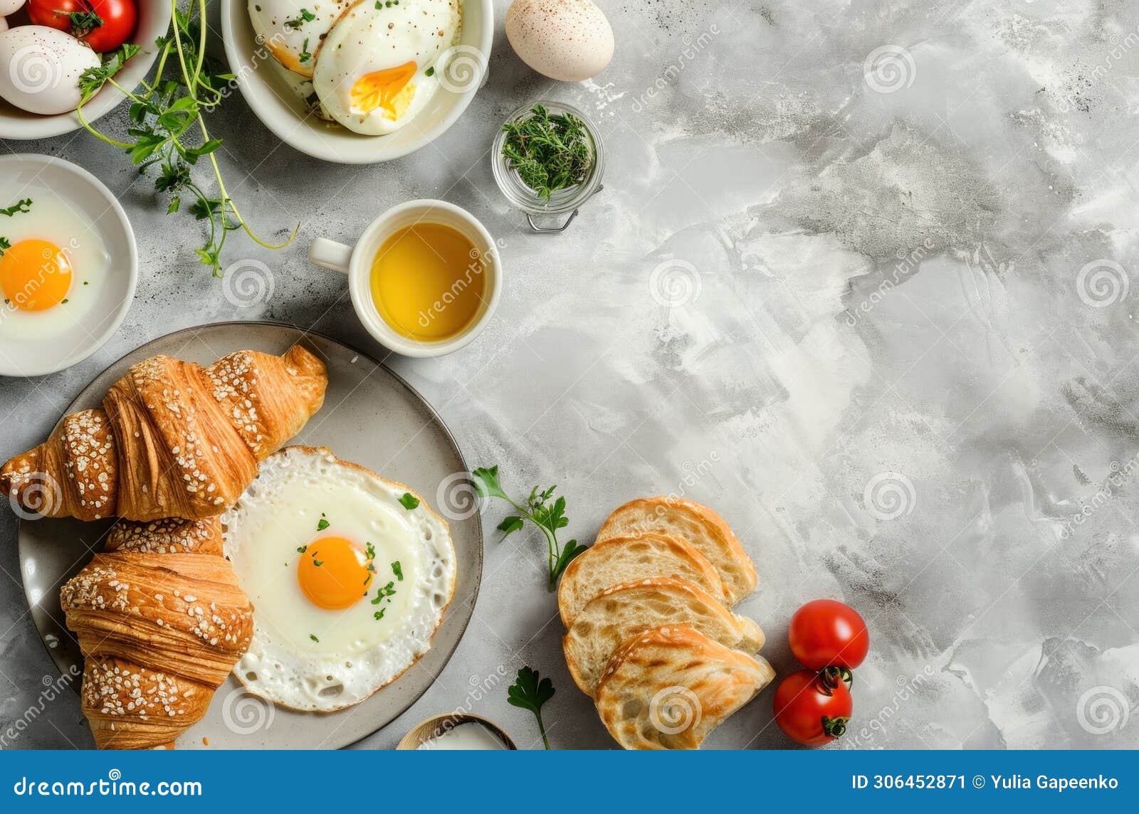 Breakfast Croissants, Eggs, Tomato, and Cheese Flat Layout Stock Image ...