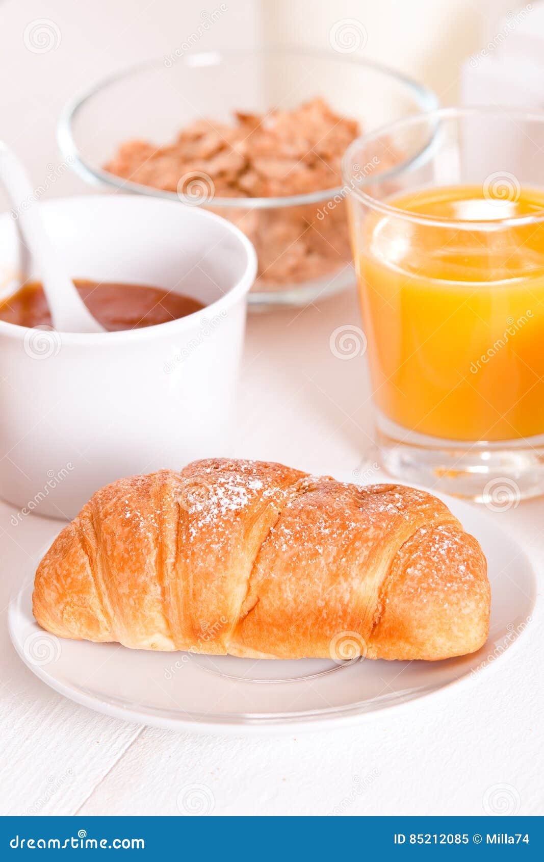 Breakfast with croissants. stock image. Image of bowl - 85212085