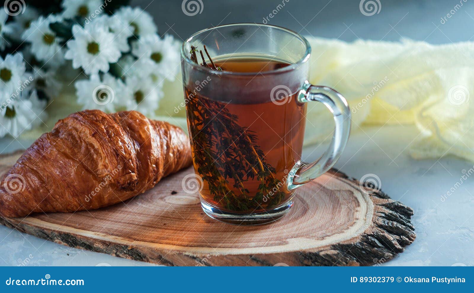 Breakfast Cup of Tea with Thyme and Croissant Stock Image - Image of ...