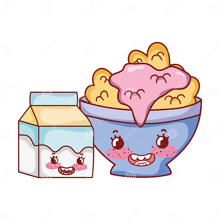 Breakfast Cute Bowl With Cereal Yogurt And Milk Box Cartoon Stock