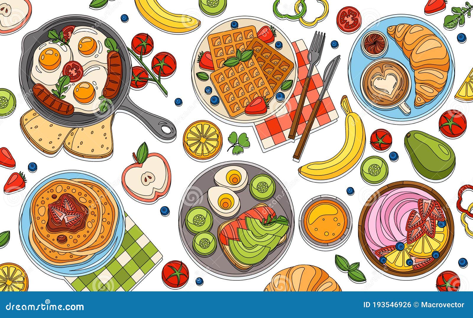 Breakfast Dishes Coloring Set Stock Vector - Illustration of honey ...