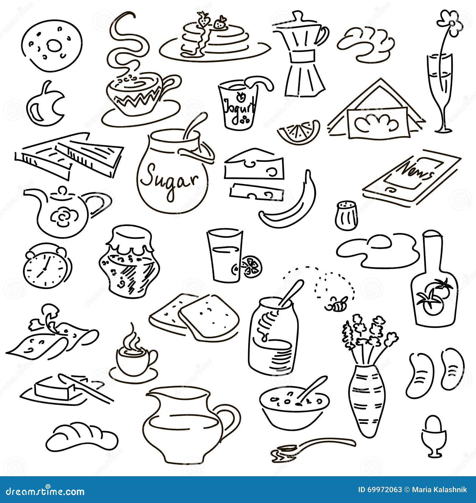 Breakfast doodel set. stock vector. Illustration of alarm - 69972063