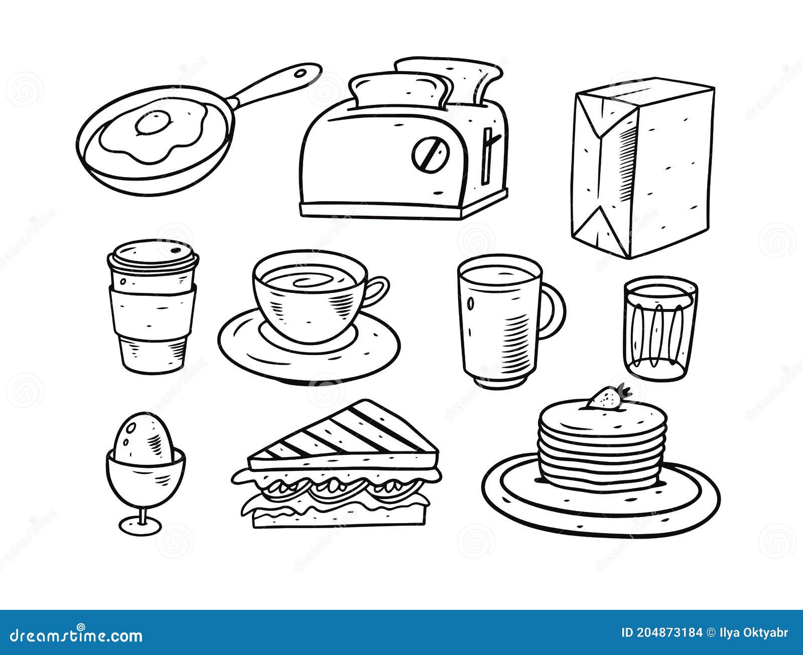 Breakfast Doodle Elements Set. Hand Drawing Vector Illustration ...