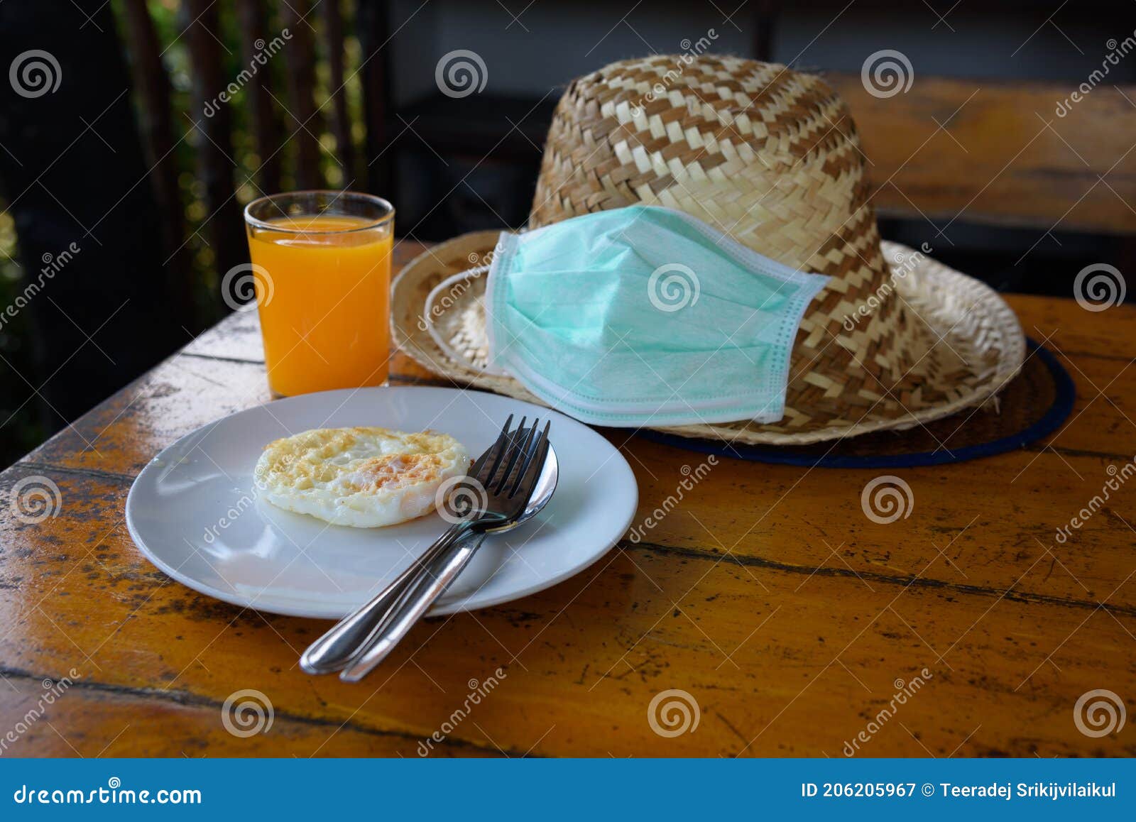 Breakfast, Face Mask and Hat on the Table Stock Image - Image of glass ...