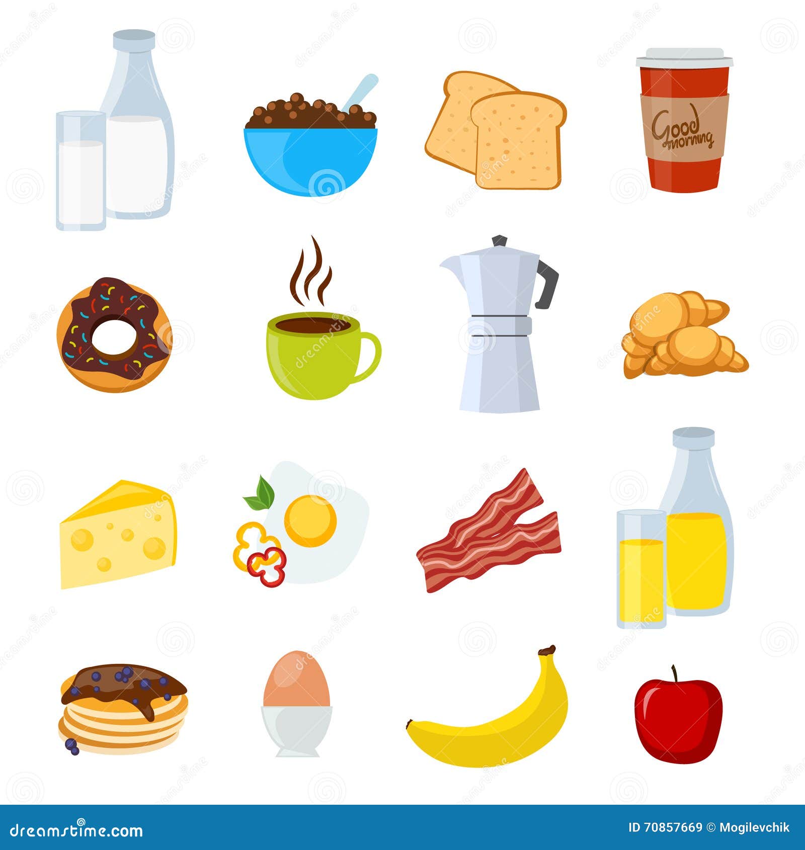 Breakfast Flat and Icons Set Stock Vector - Illustration of fruit ...
