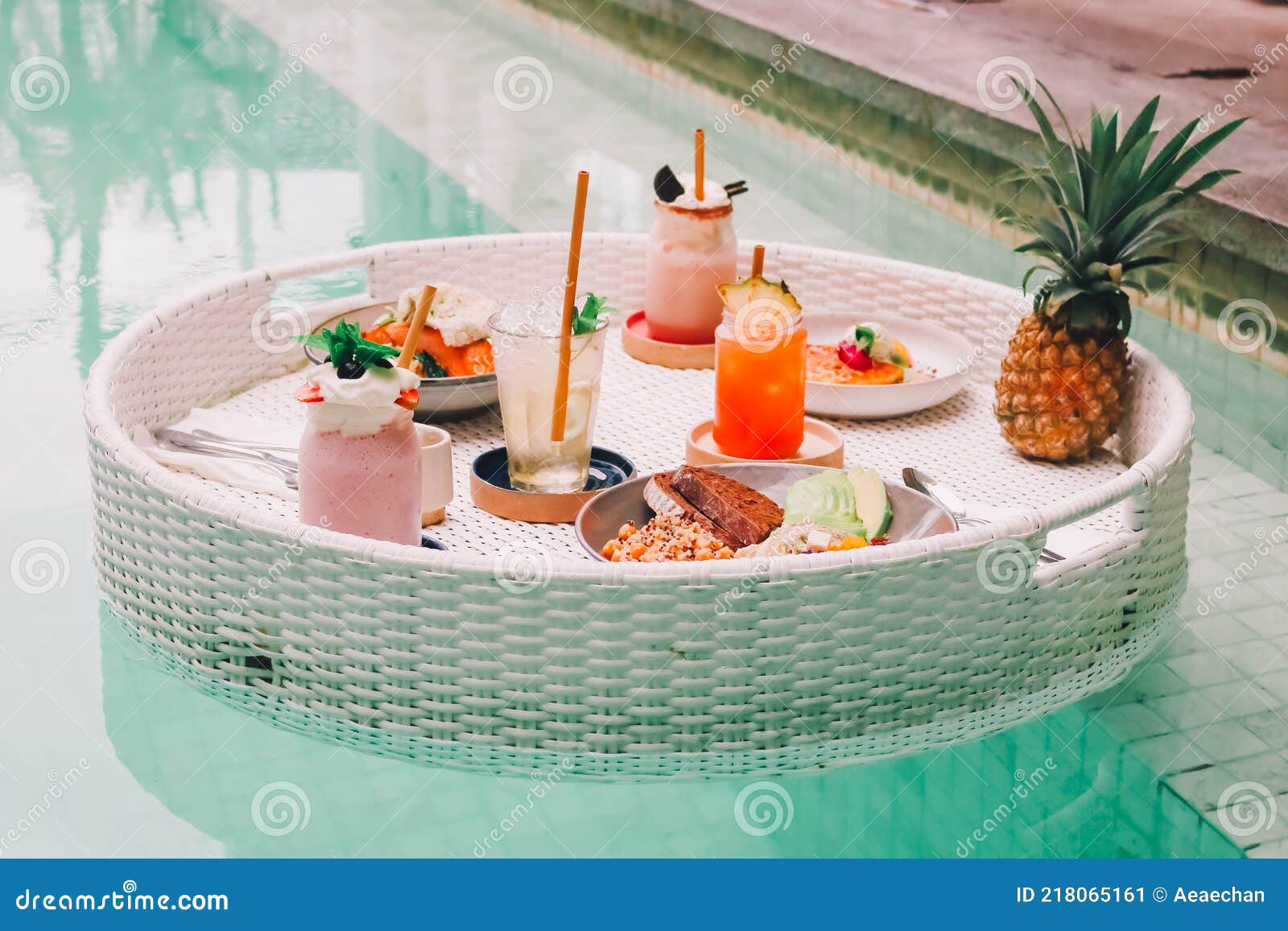 Breakfast on Floating Table in the Pool. Stock Image - Image of orange ...