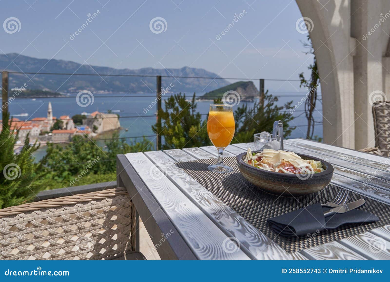 Breakfast and Fresh Juice on the Table in a Restaurant with Sea View ...