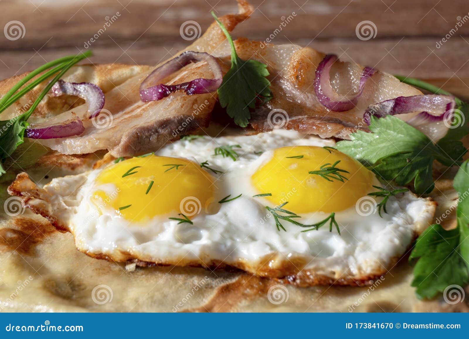 Breakfast Fried Beacon with Pancake Egg and Parsley Stock Photo - Image ...