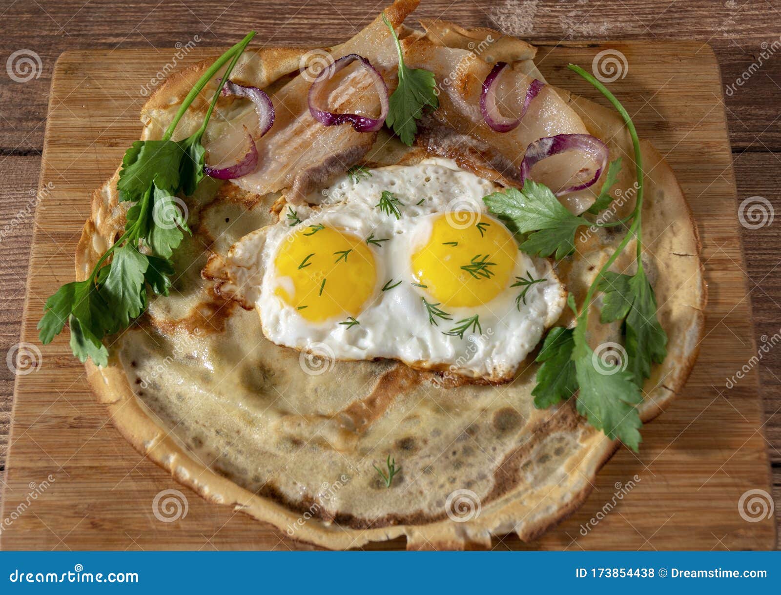 Breakfast Fried Beacon with Pancake Egg and Parsley Stock Photo - Image ...