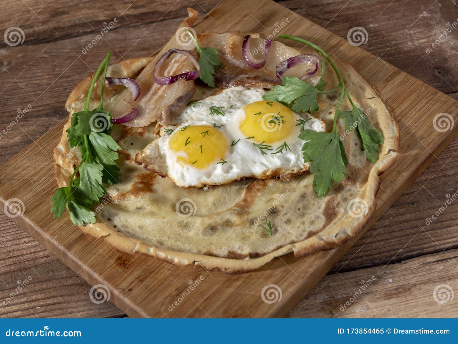Breakfast Fried Beacon with Pancake Egg and Parsley Stock Image - Image ...