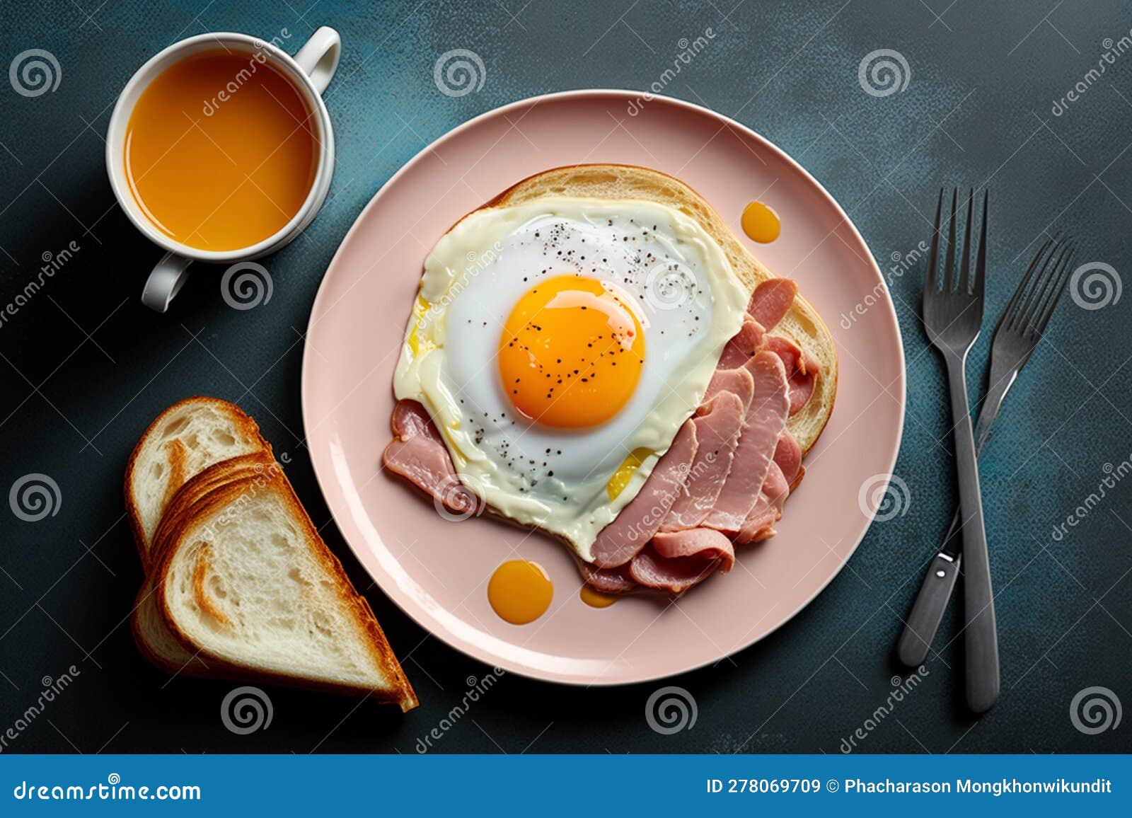 Breakfast Fried Egg Ham Bread American Breakfast Egg Stock Illustration ...