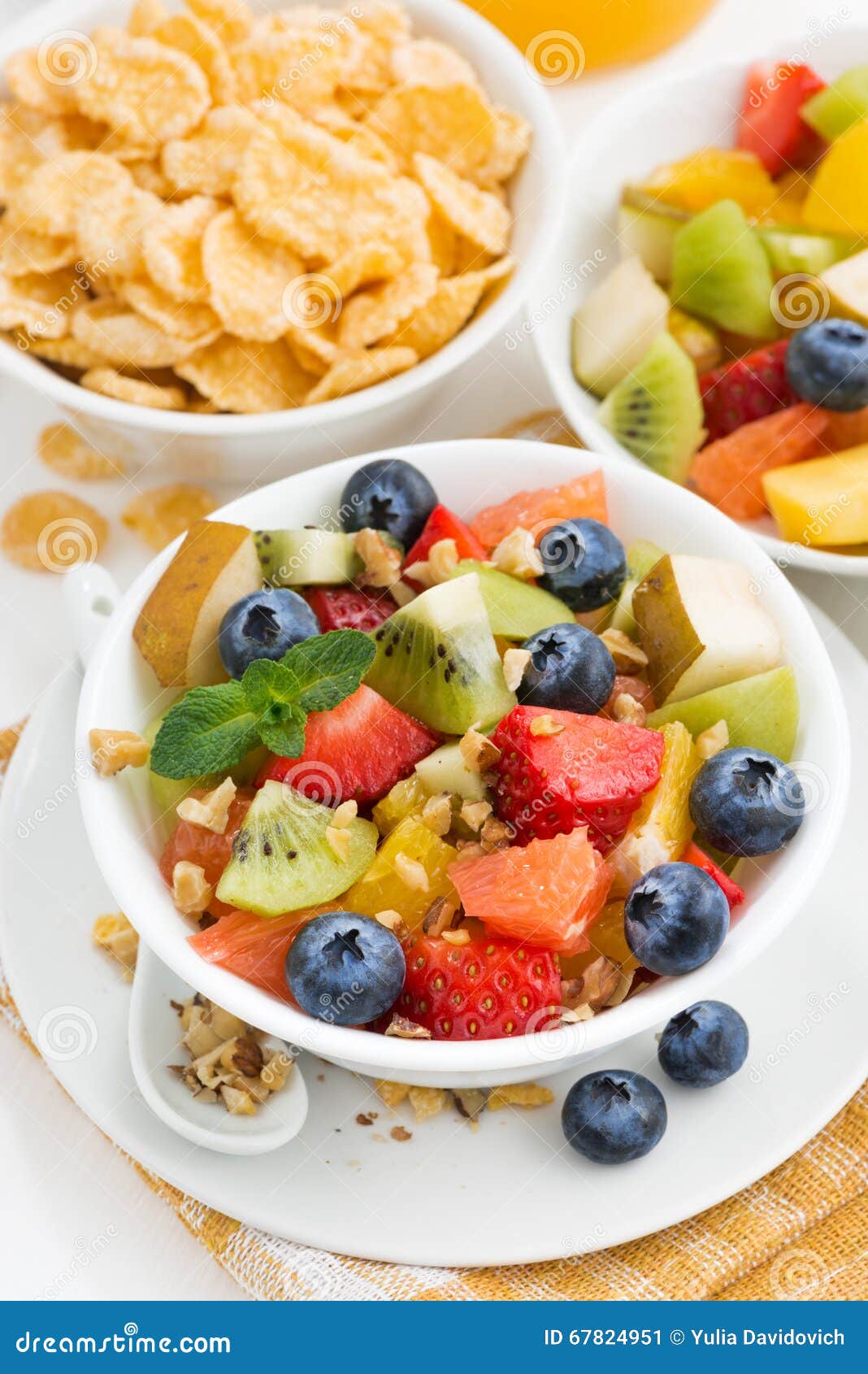 Breakfast with Fruit Salad and Corn Flakes, Vertical, Closeup Stock ...