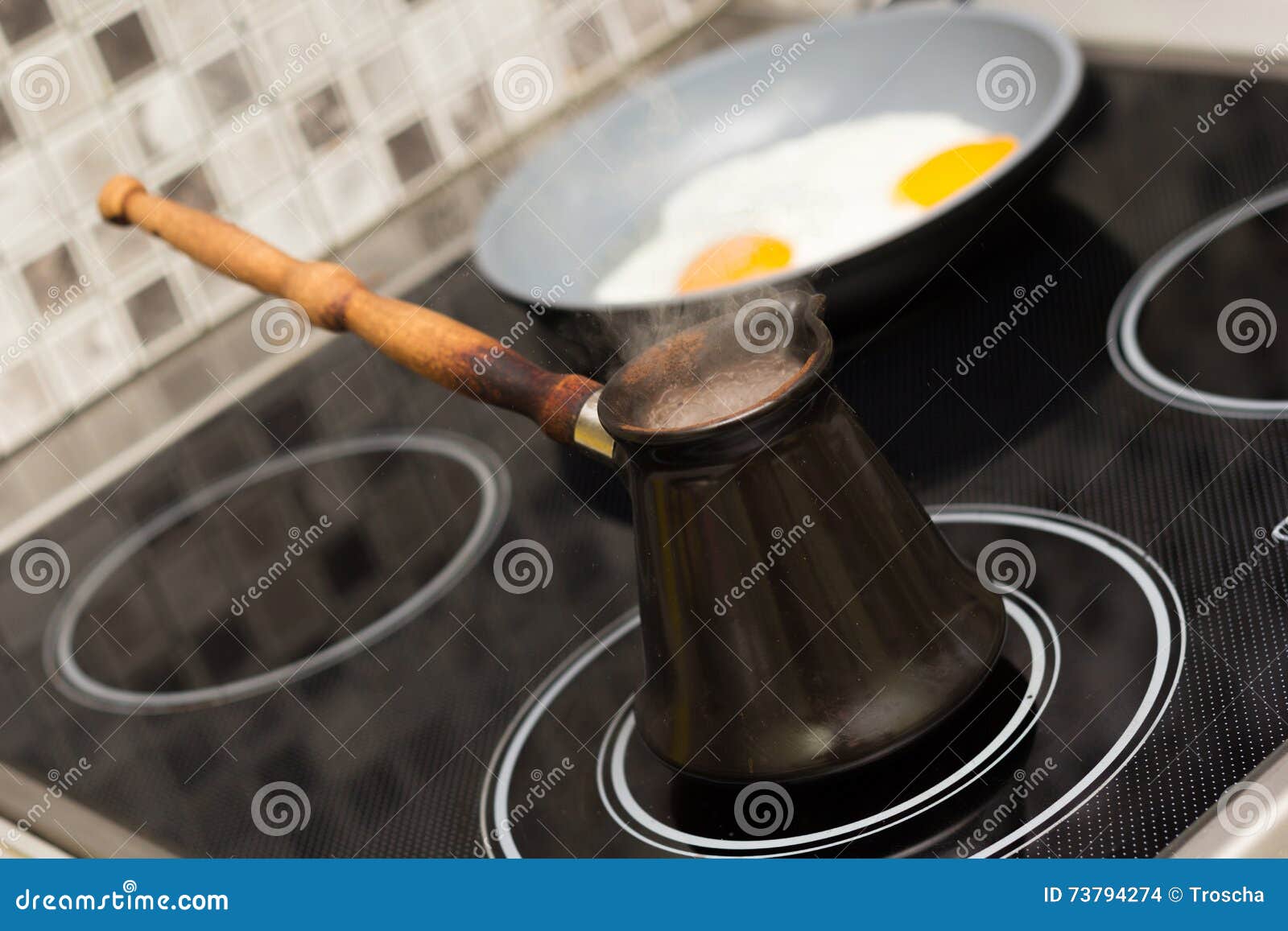 Breakfast. Frying Eggs and Coffee Stock Photo - Image of domestic, food ...